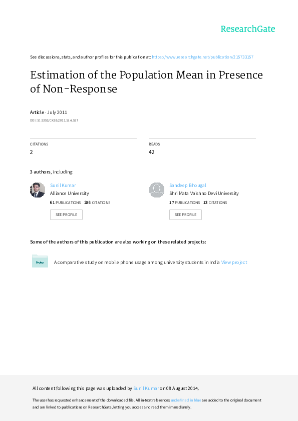 Pdf Estimation Of The Population Mean In Presence Of Non Response