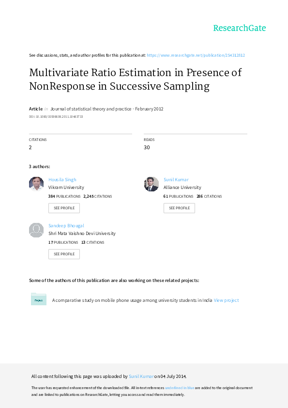 Pdf Multivariate Ratio Estimation In Presence Of Non Response In Successive Sampling