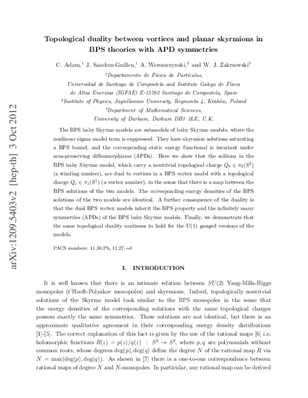 (PDF) Topological duality between vortices and planar skyrmions in BPS theories with APD symmetries