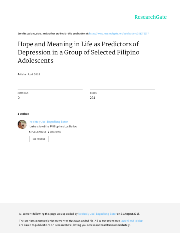 (PDF) Hope and Meaning in Life as Predictors of Depression in a Group ...