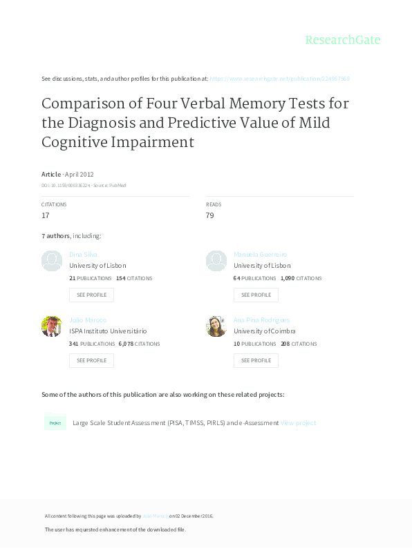 (PDF) Comparison of four verbal memory tests for the diagnosis and ...