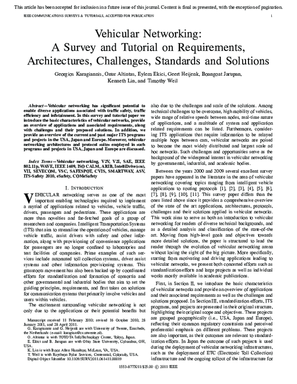Pdf Vehicular Networking A Survey And Tutorial On Requirements Architectures Challenges