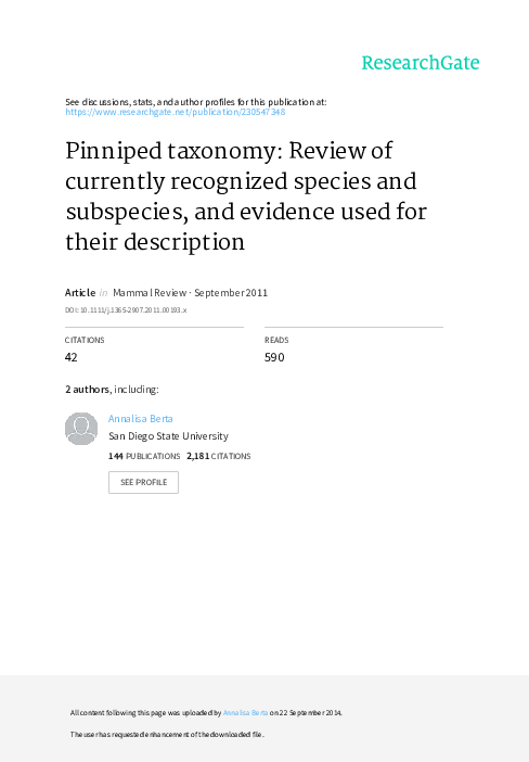(PDF) Pinniped taxonomy: review of currently recognized species and ...