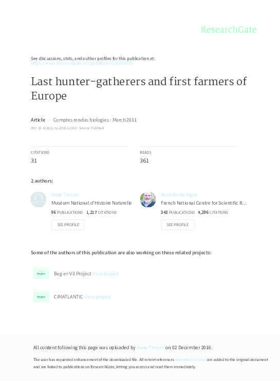 (PDF) Last hunter-gatherers and first farmers of Europe