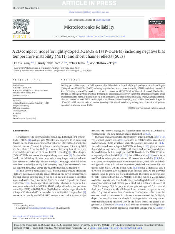 (PDF) A 2D compact model for lightly doped DG MOSFETs (P-DGFETs ...