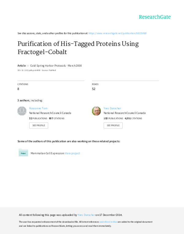(PDF) Purification of his-tagged proteins using fractogel-cobalt | Yves ...