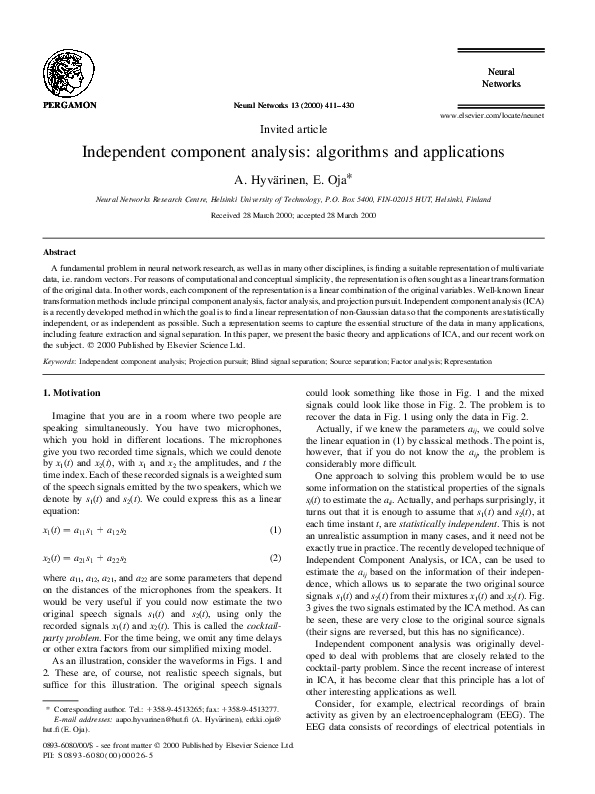 (PDF) Independent component analysis: theory and applications