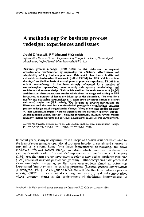 (PDF) A methodology for business process redesign: experiences and issues