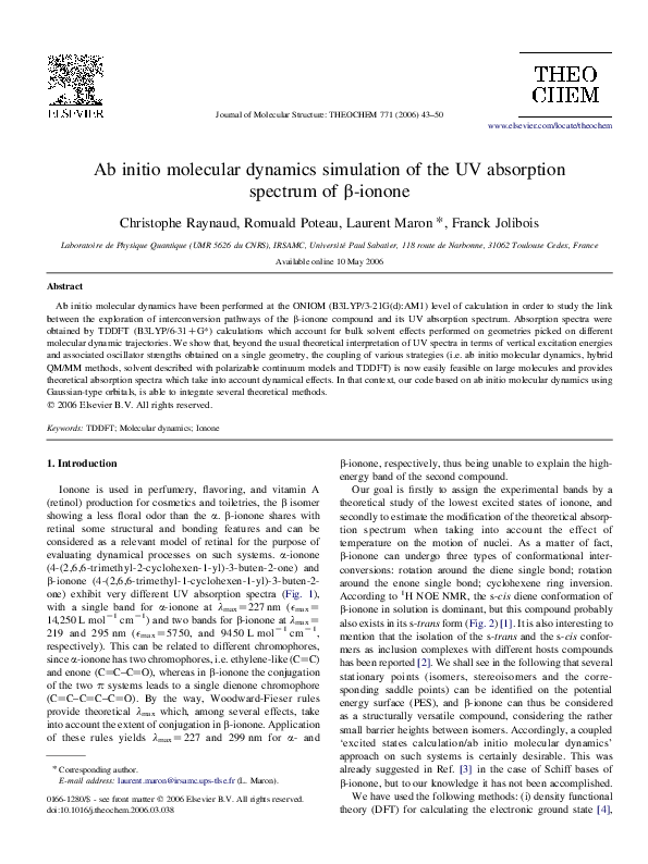 (PDF) Ab initio molecular dynamics simulation of the UV absorption spectrum of β-ionone