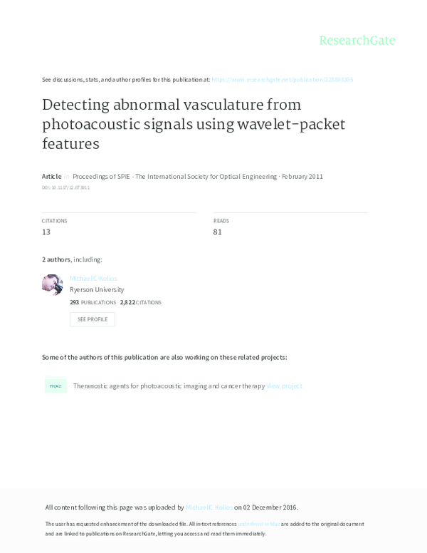 Pdf Detecting Abnormal Vasculature From Photoacoustic Signals Using Wavelet Packet Features