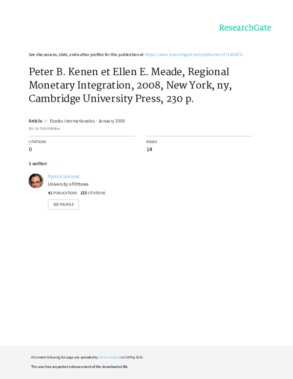 (PDF) Peter B. Kenen et Ellen E. Meade, Regional Monetary Integration ...