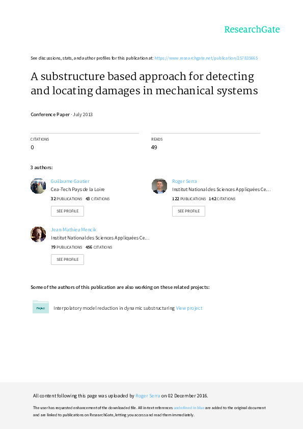(PDF) A Substructure Based Approach for Detect-Ing and Locating Damages in Mechanical Sys-Tems