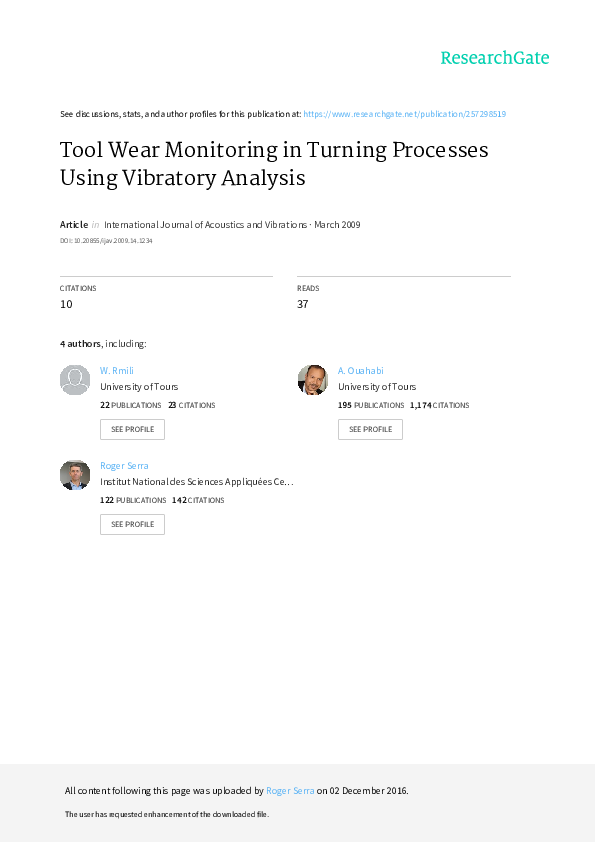 (PDF) Tool wear monitoring in turning processes using vibratory analysis