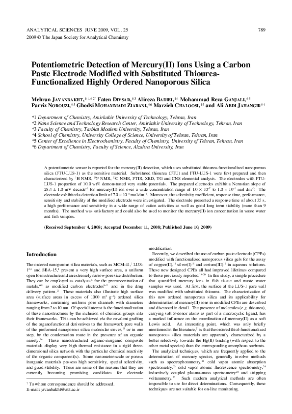 Pdf Potentiometric Detection Of Mercury Ii Ions Using A Carbon Paste Electrode Modified With
