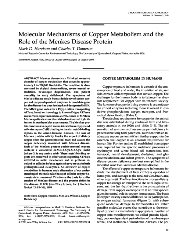(PDF) Copper Metabolism Mechanisms and Menkes Disease Overview