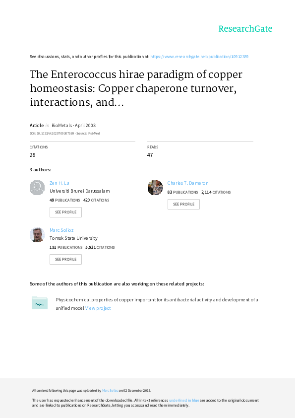 (PDF) The Enterococcus hirae paradigm of copper homeostasis: copper ...