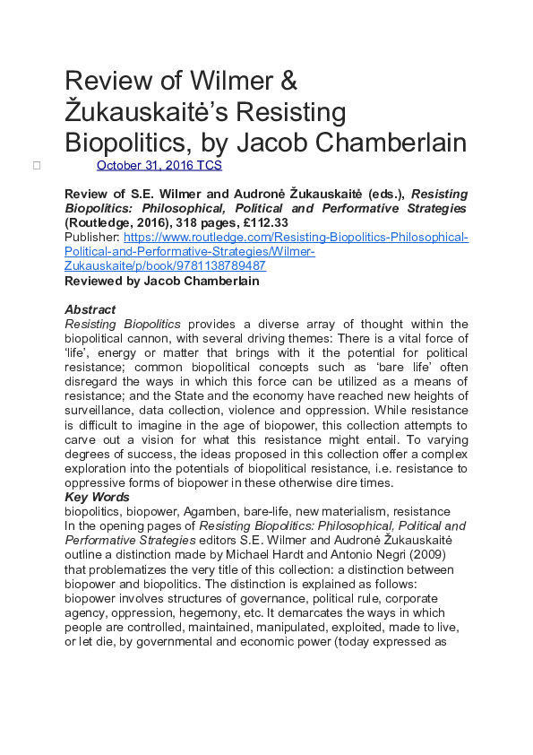 (DOC) Review of Resisting Biopolitics -- http://www ...