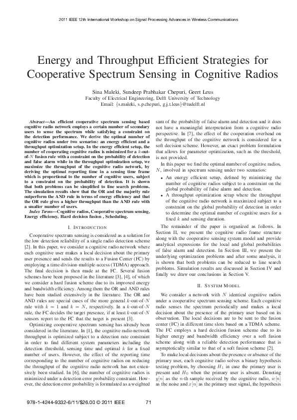Pdf Energy And Throughput Efficient Strategies For Cooperative Spectrum Sensing In Cognitive