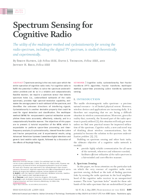 (PDF) Spectrum sensing for cognitive radio