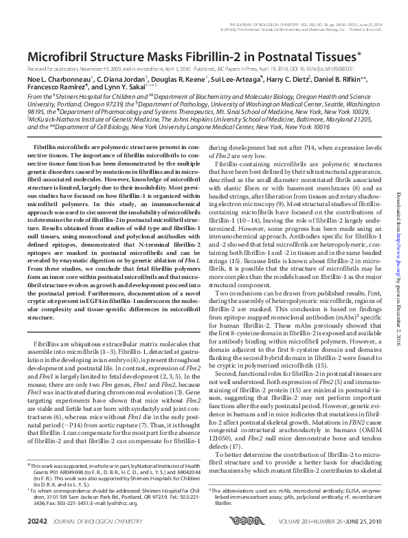 (PDF) Microfibril Structure Masks Fibrillin-2 in Postnatal Tissues