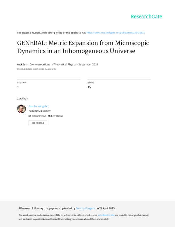 (PDF) Metric Expansion from Microscopic Dynamics in an Inhomogeneous ...