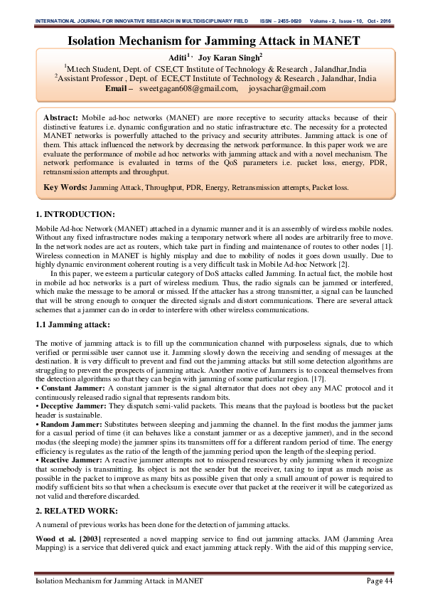 (PDF) Isolation Mechanism for Jamming Attack in MANET – Aditi, Joy Karan Singh