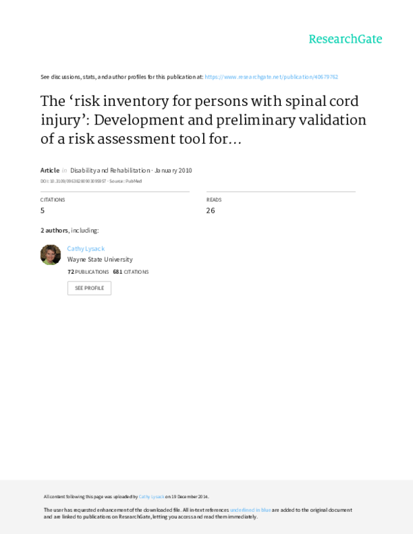 (PDF) The ‘risk inventory for persons with spinal cord injury ...