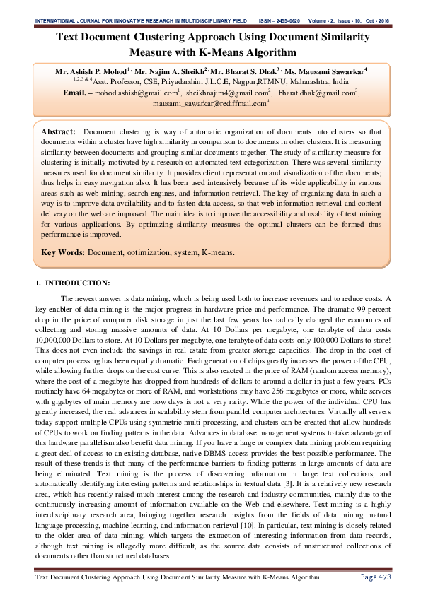 Pdf Text Document Clustering Approach Using Document Similarity