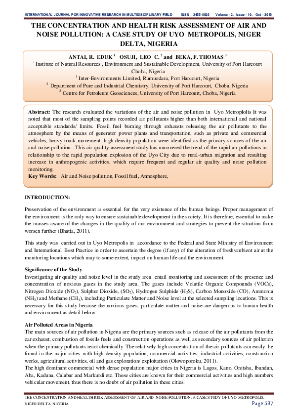 (PDF) THE CONCENTRATION AND HEALTH RISK ASSESSMENT OF AIR AND NOISE ...
