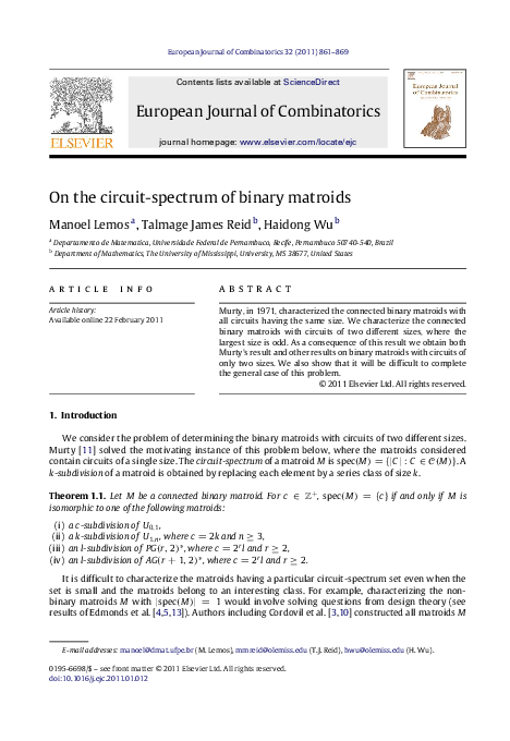 (PDF) On the circuit-spectrum of binary matroids