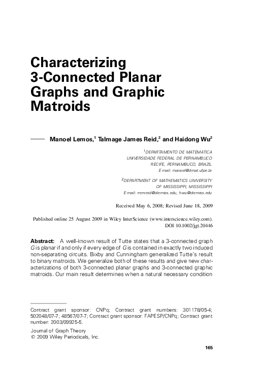 (PDF) Characterizing 3-connected planar graphs and graphic matroids