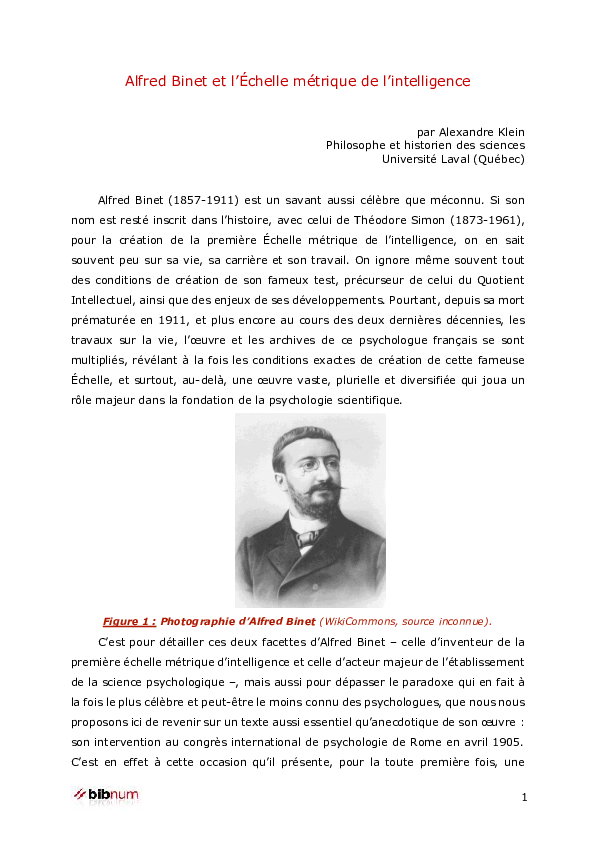 (PDF) Alfred Binet et l'Échelle métrique de l'intelligence