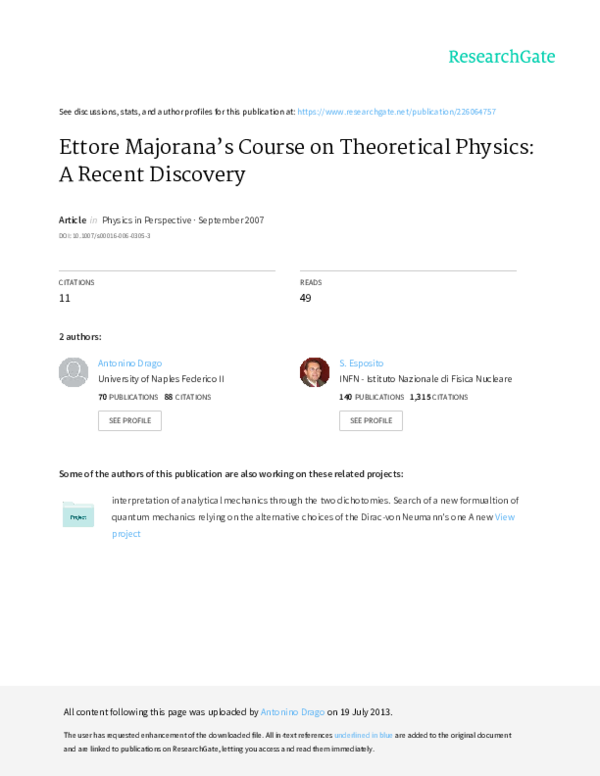 (PDF) Ettore Majorana's course on theoretical physics: A recent discovery