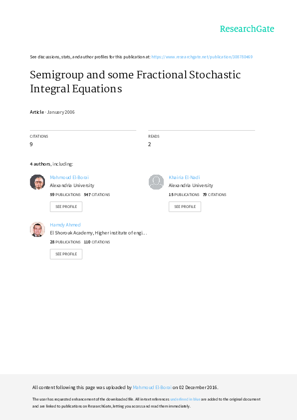 (PDF) Semigroup and some Fractional Stochastic Integral Equations