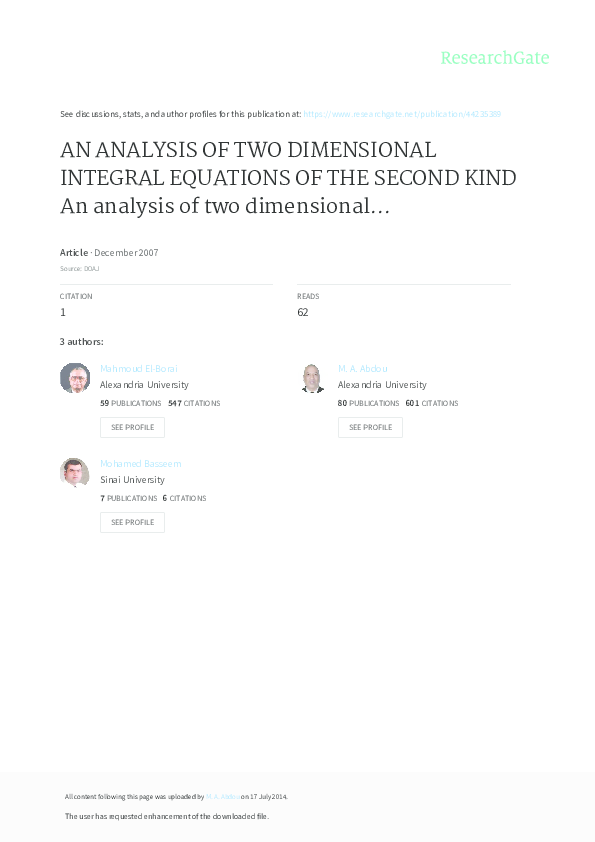 (PDF) AN ANALYSIS OF TWO DIMENSIONAL INTEGRAL EQUATIONS OF THE SECOND KIND An analysis of two ...