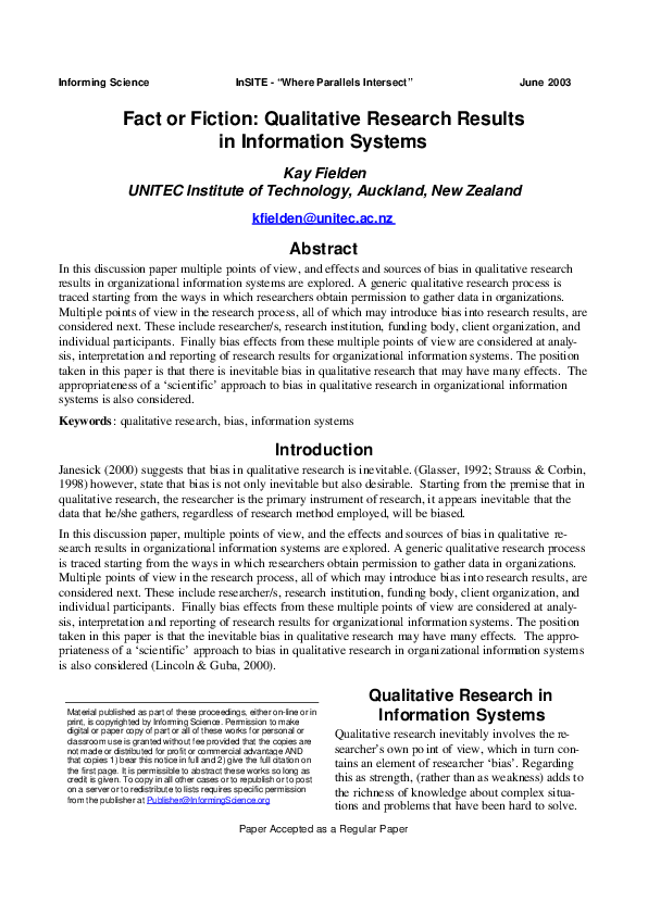 (PDF) Fact or Fiction: Qualitative Research Results in Information Systems