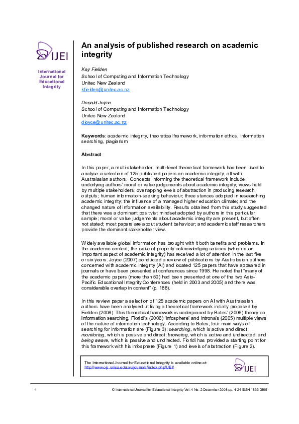 (PDF) An analysis of published research on academic integrity