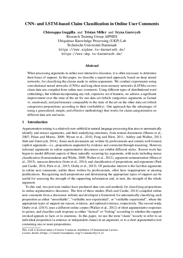 (PDF) CNN- and LSTM-based claim classification in online user comments