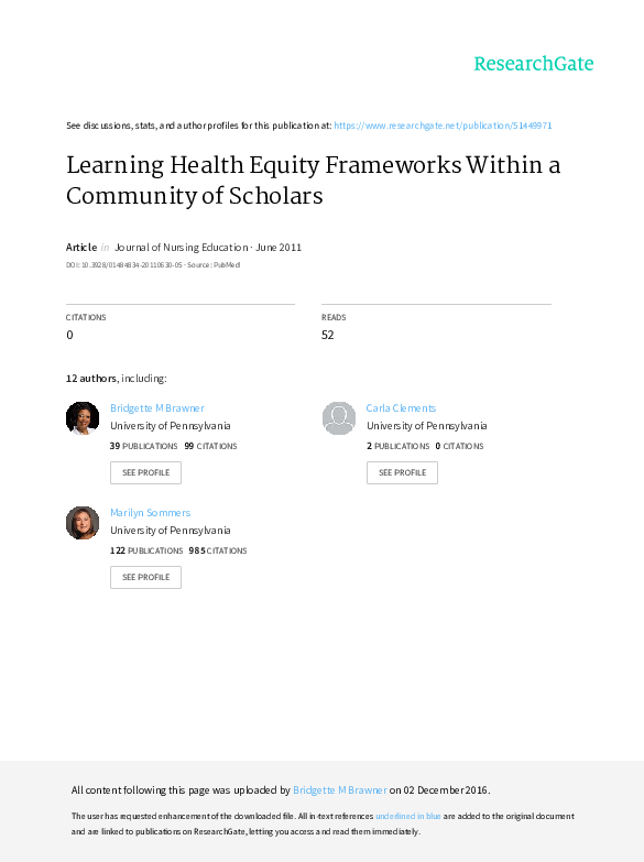 (PDF) Learning Health Equity Frameworks Within a Community of Scholars