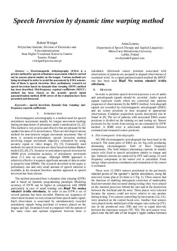 (PDF) Speech inversion by dynamic time warping method