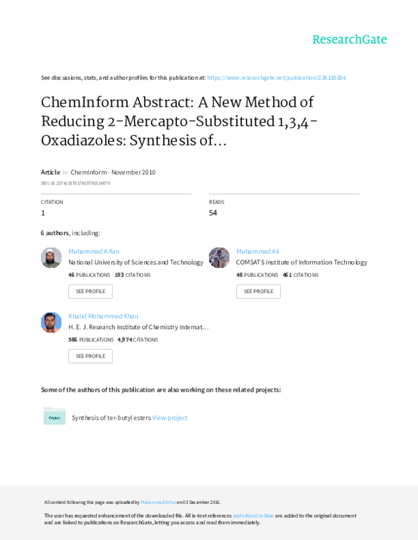 (PDF) A New Method of Reducing 2-Mercapto-Substituted 1, 3, 4 ...