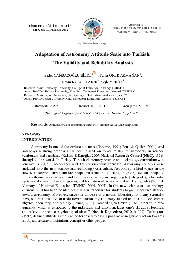 (PDF) Adaptation of Astronomy Attitude Scale into Turkish: The Validity ...