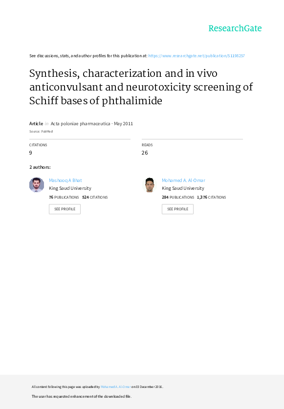 (PDF) Synthesis, characterization and in vivo anticonvulsant and neurotoxicity screening of ...