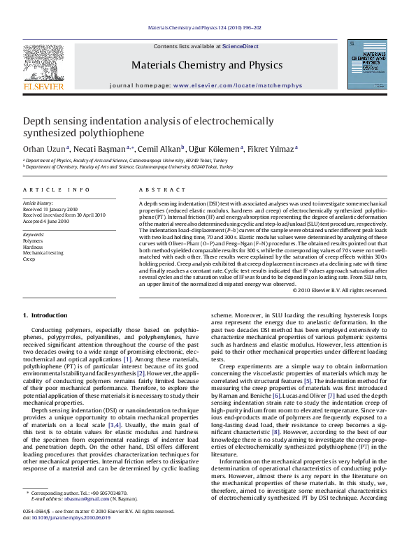 (PDF) Depth sensing indentation analysis of electrochemically synthesized polythiophene