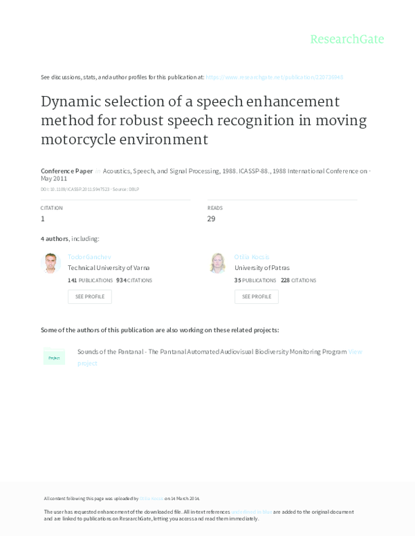 Pdf Dynamic Selection Of A Speech Enhancement Method For Robust Speech Recognition In Moving