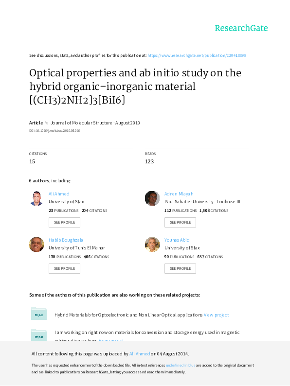 (PDF) Optical properties and ab initio study on the hybrid organic ...
