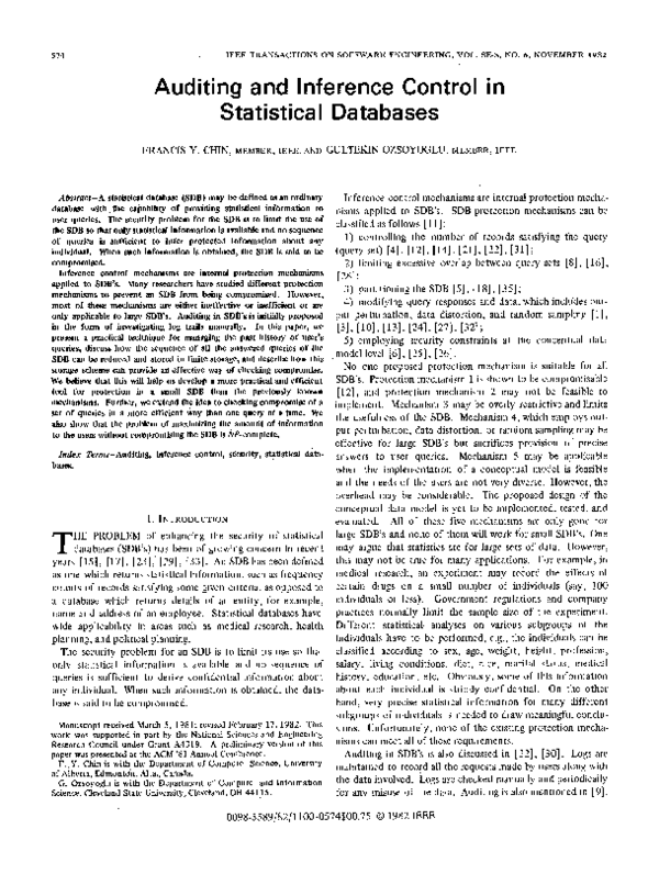 Pdf Auditing And Inference Control In Statistical Databases