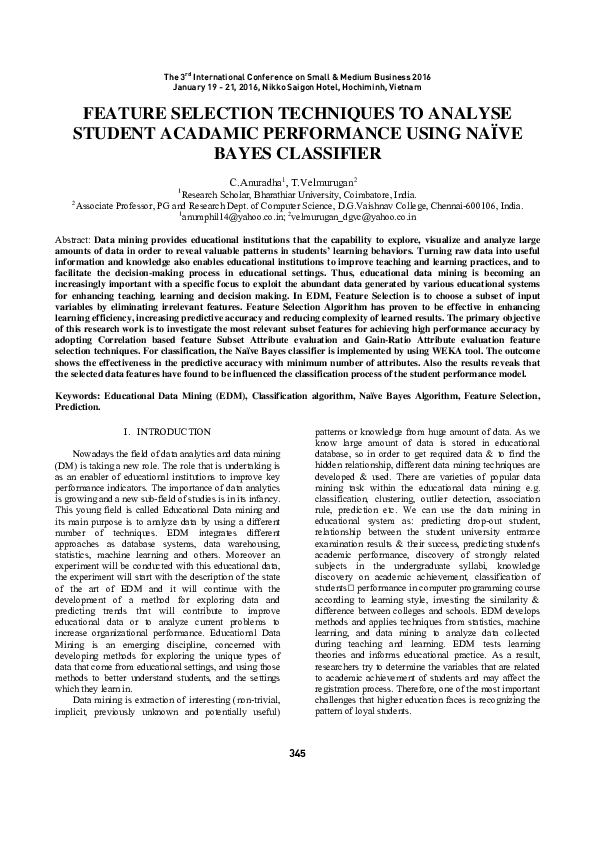 (PDF) FEATURE SELECTION TECHNIQUES TO ANALYSE STUDENT ACADAMIC PERFORMANCE USING NAÏVE BAYES ...