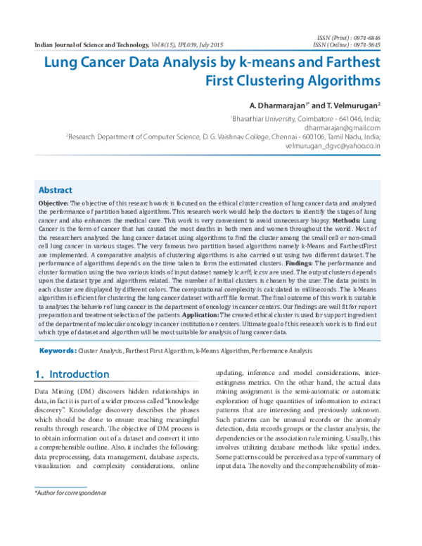 Pdf Lung Cancer Data Analysis By K Means And Farthest First Clustering Algorithms