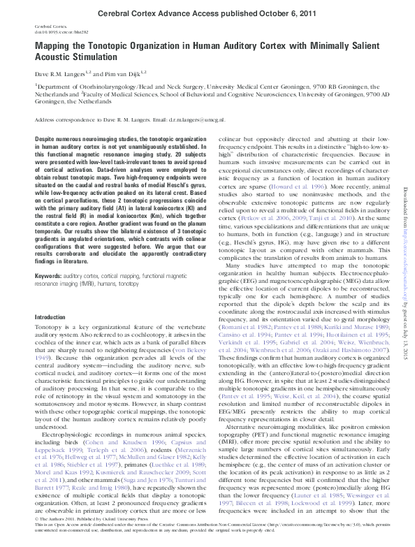 Pdf Mapping The Tonotopic Organization In Human Auditory Cortex With